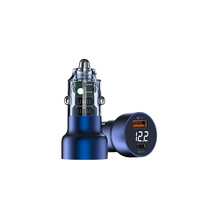 RECCI RCC-N20 50W PD3.0+QC3.0 TRANSPARENT CAR CHARGER WITH DIGITAL DISPLAY - BLUE